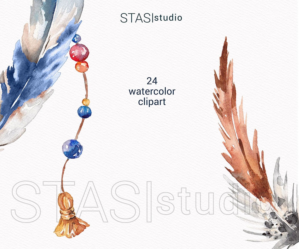 Watercolor Feather Clipart Brown Blue Feathers Illustration | Etsy