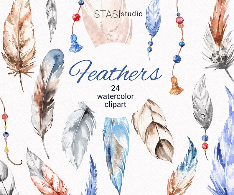 Watercolor Feather Clipart Brown Blue Feathers Illustration | Etsy