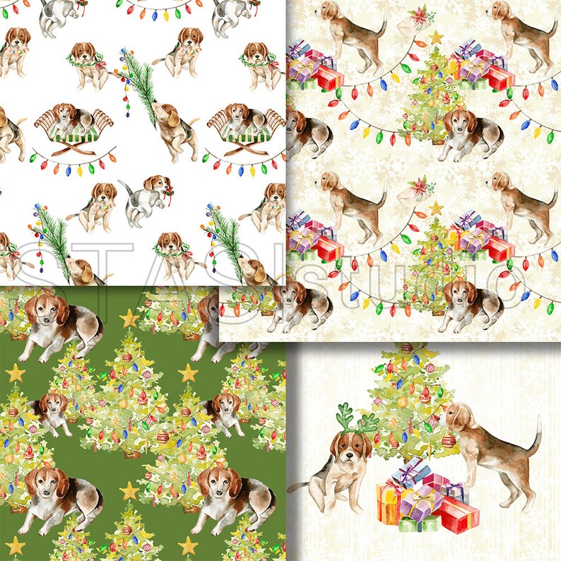 Happy Doggie Watercolor Paper Seamless Patterns Christmas | Etsy