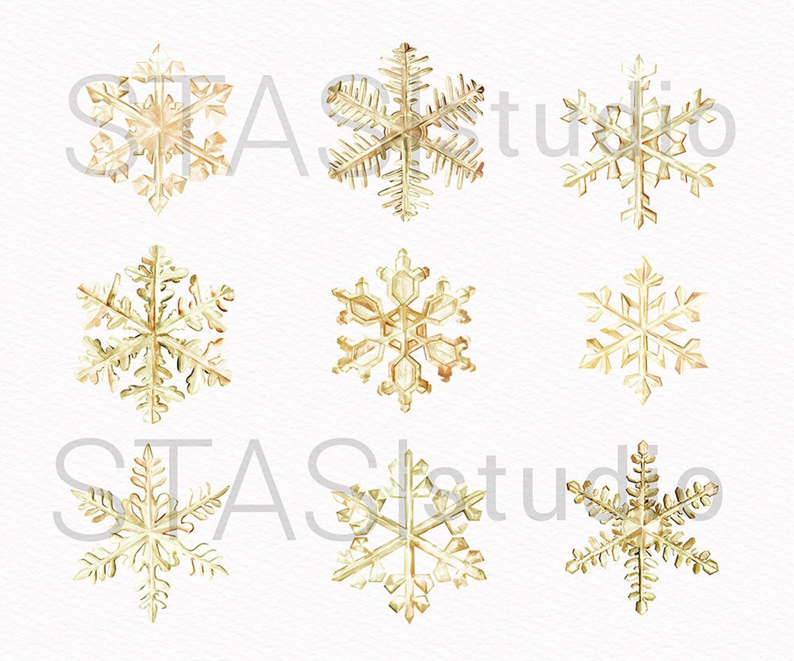 Gold Glitter Snowflakes Clipart Watercolor Winter Illustration - Etsy