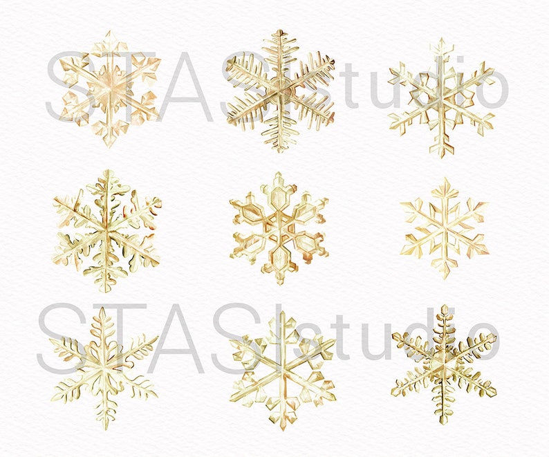 Gold Glitter Snowflakes Clipart Watercolor Winter Illustration - Etsy
