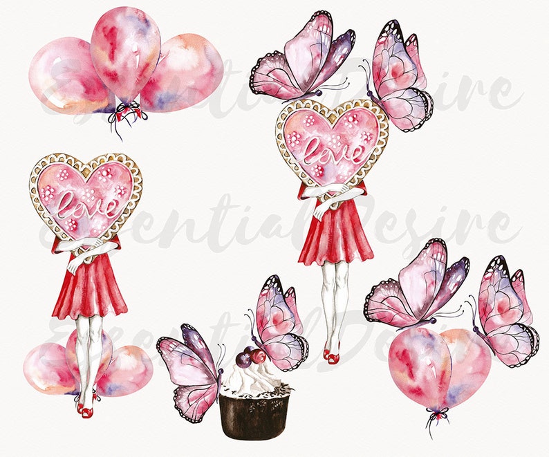 Valentines Clipart Love Clipart Pink Butterfly Romantic | Etsy