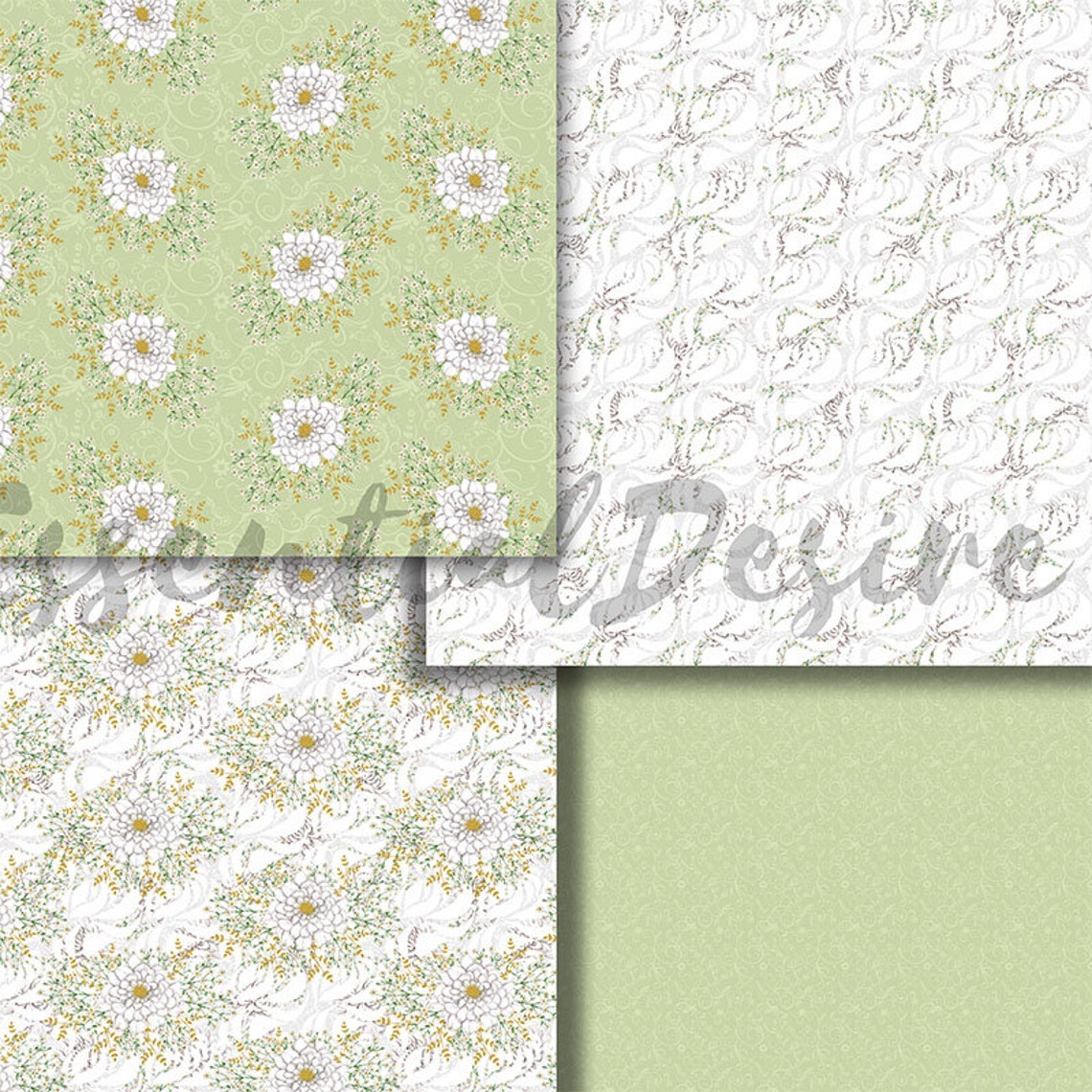 Wedding Designer Paper Seamless Patterns White Flowers Silver | Etsy
