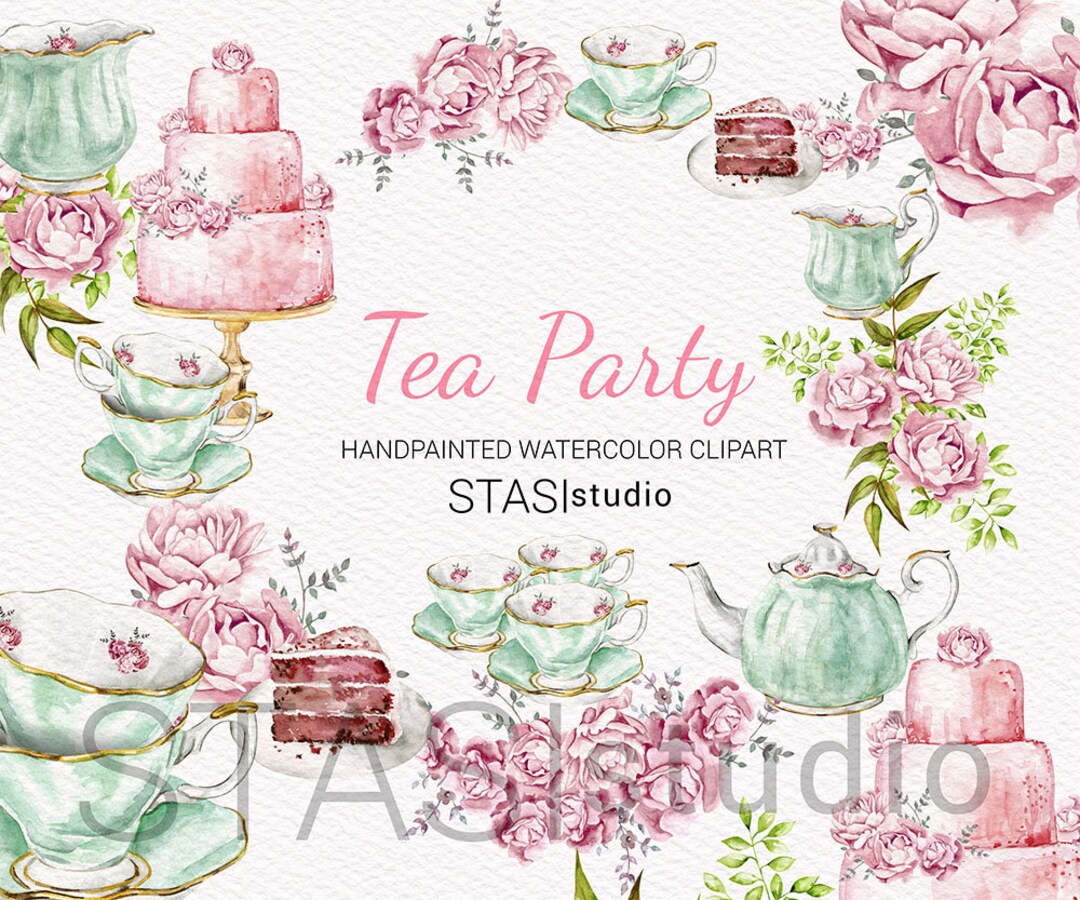 Tea Party Watercolor Clipart High Tea Illustration Mint Teapot Tea Cup ...