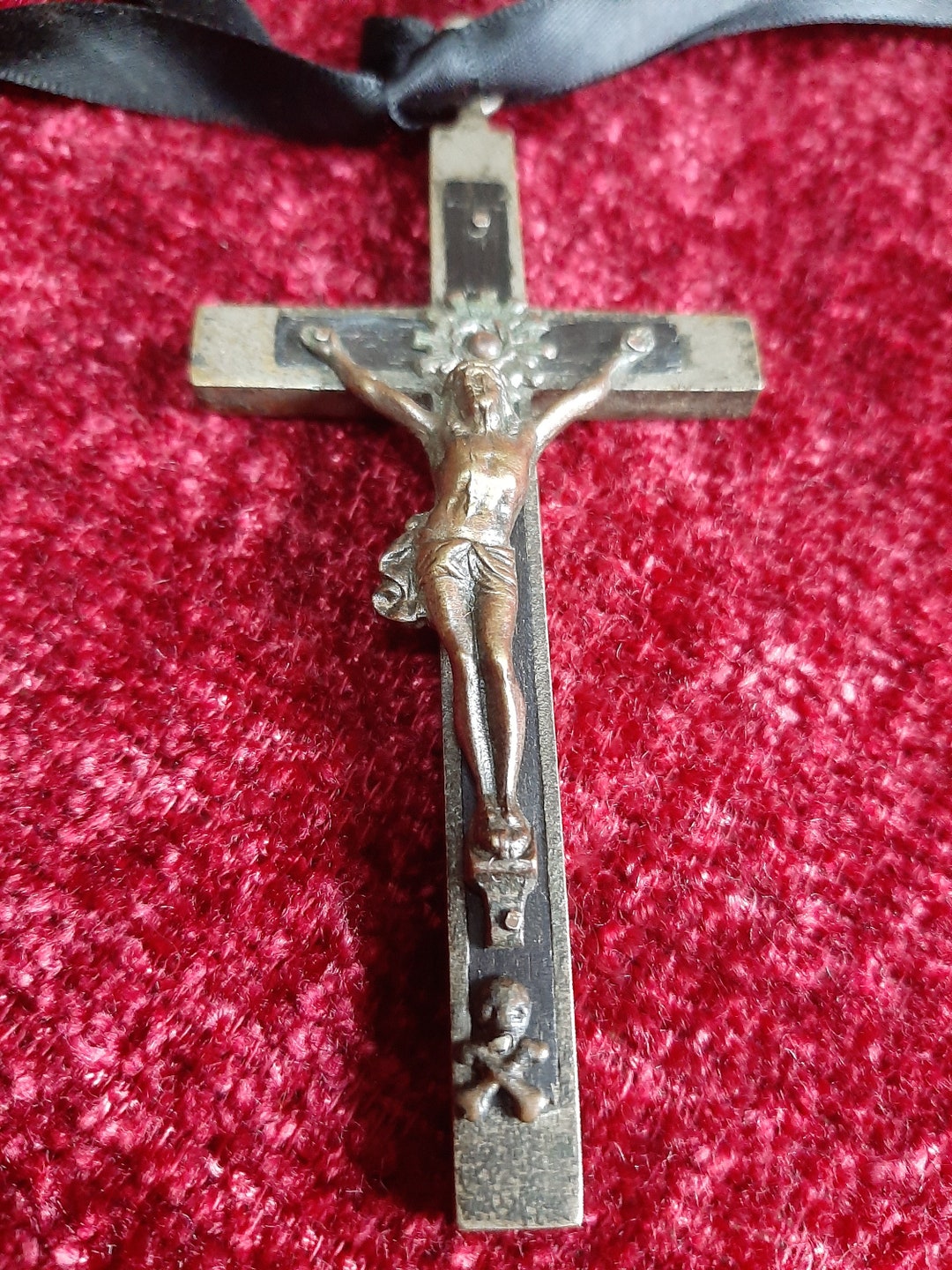 Antique Brass and Wood Crucifix Happy Death Cross Memento Mori Morning ...