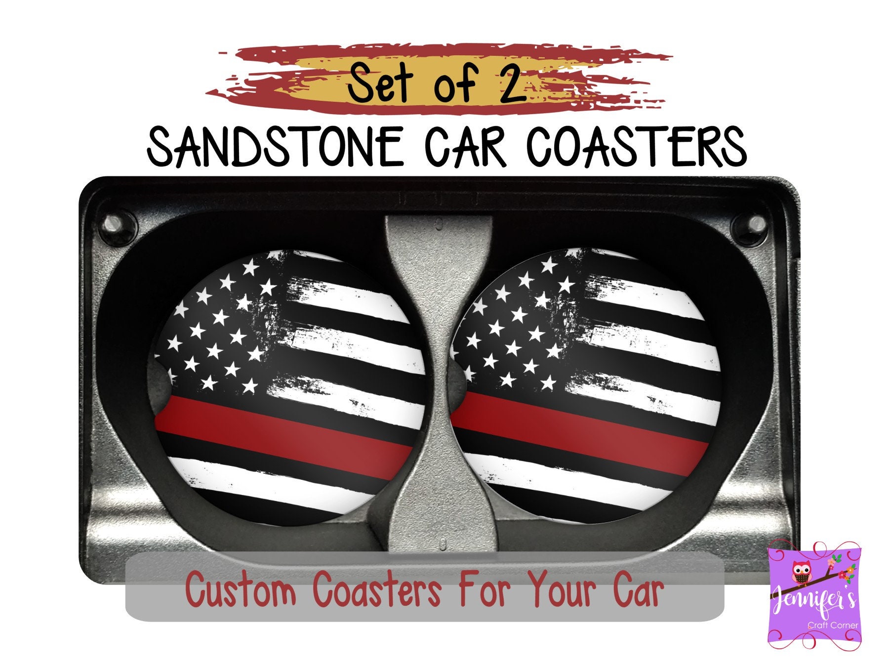 Thin Red Line Car Coaster Set Red Line Flag Red Lives - Etsy