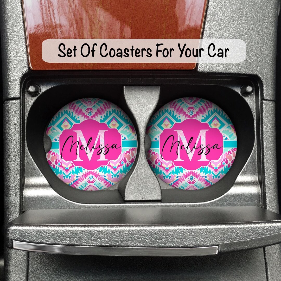 Pink Blue Monogrammed Car Coasters Personalized: Auto Cup Holder ...