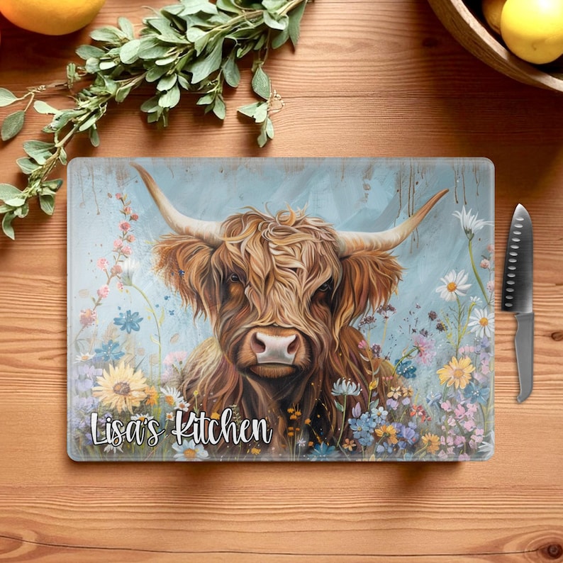 Personalized Highland Cow Glass Cutting Board: Farmhouse New Kitchen ...