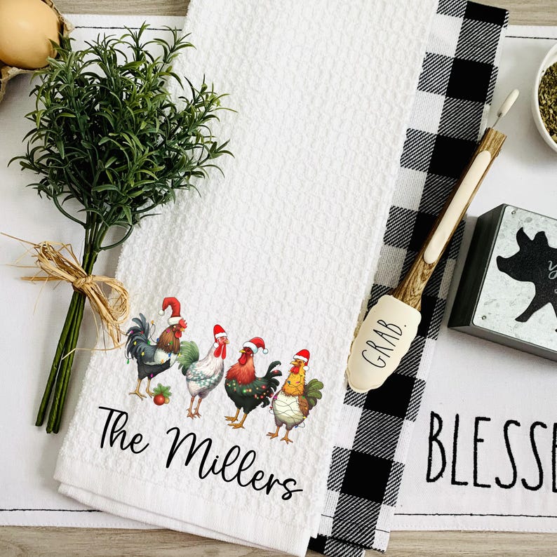 Farmhouse Chicken Rooster Dish Towel Personalized: Cute Christmas Hand ...