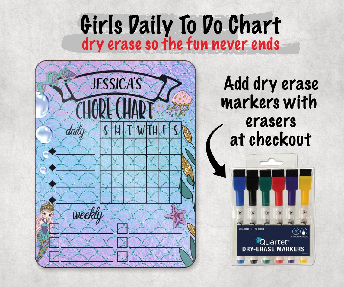 Dry Erase Chore Chart Daily Routine Chart for Girls Mermaid | Etsy