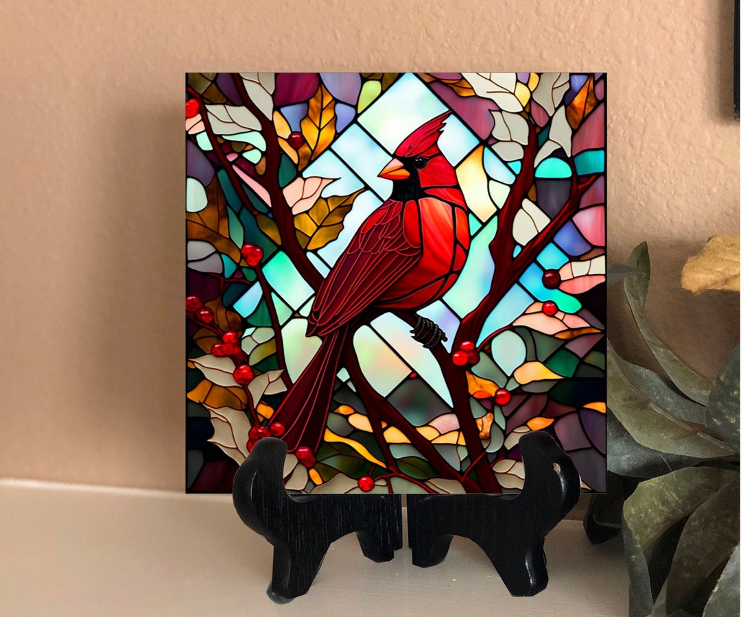 Cardinal Stained Glass Ceramic Tile, Cardinal Gifts, Bird Lover Gift ...