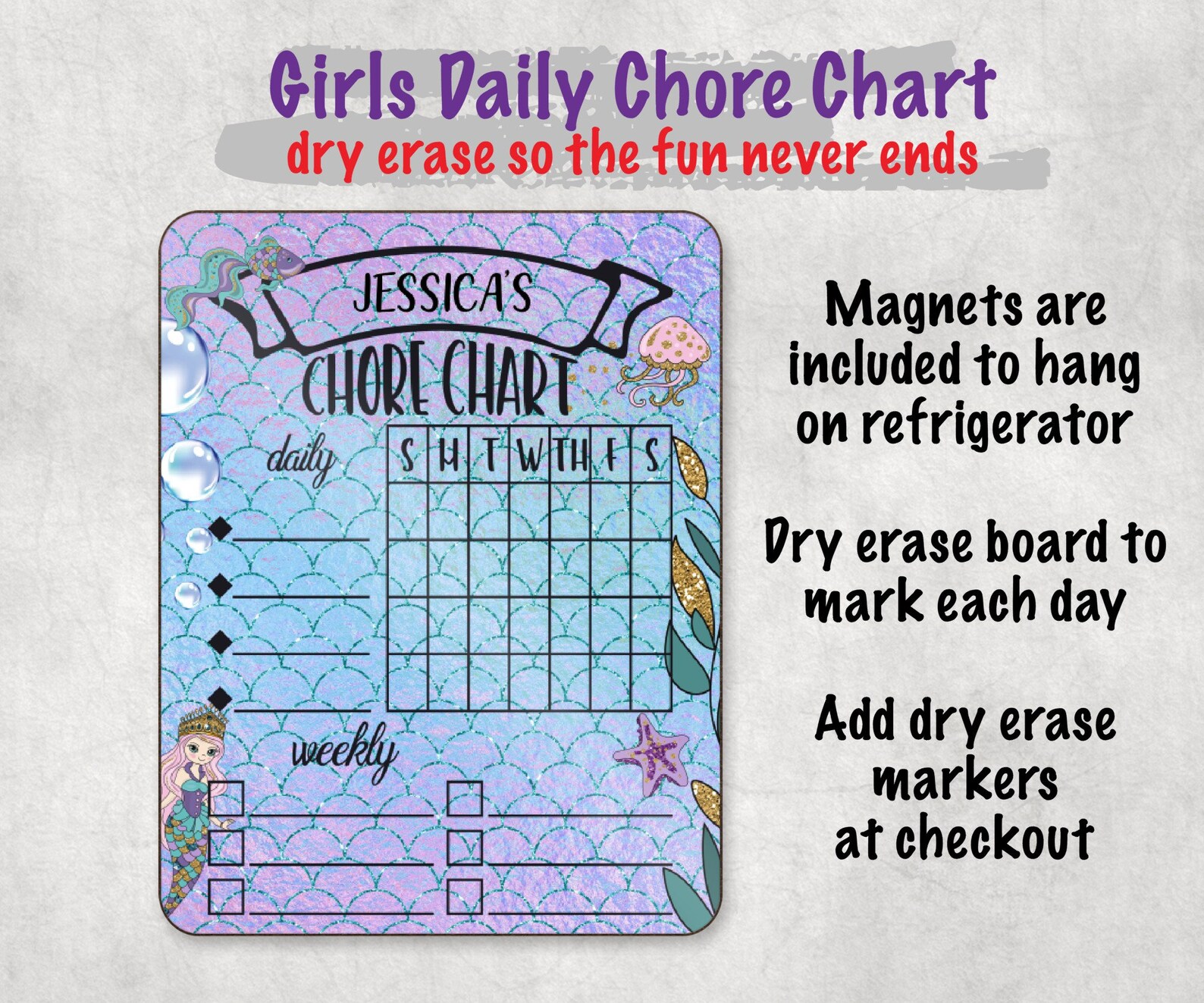 Dry Erase Chore Chart Daily Routine Chart for Girls Mermaid | Etsy
