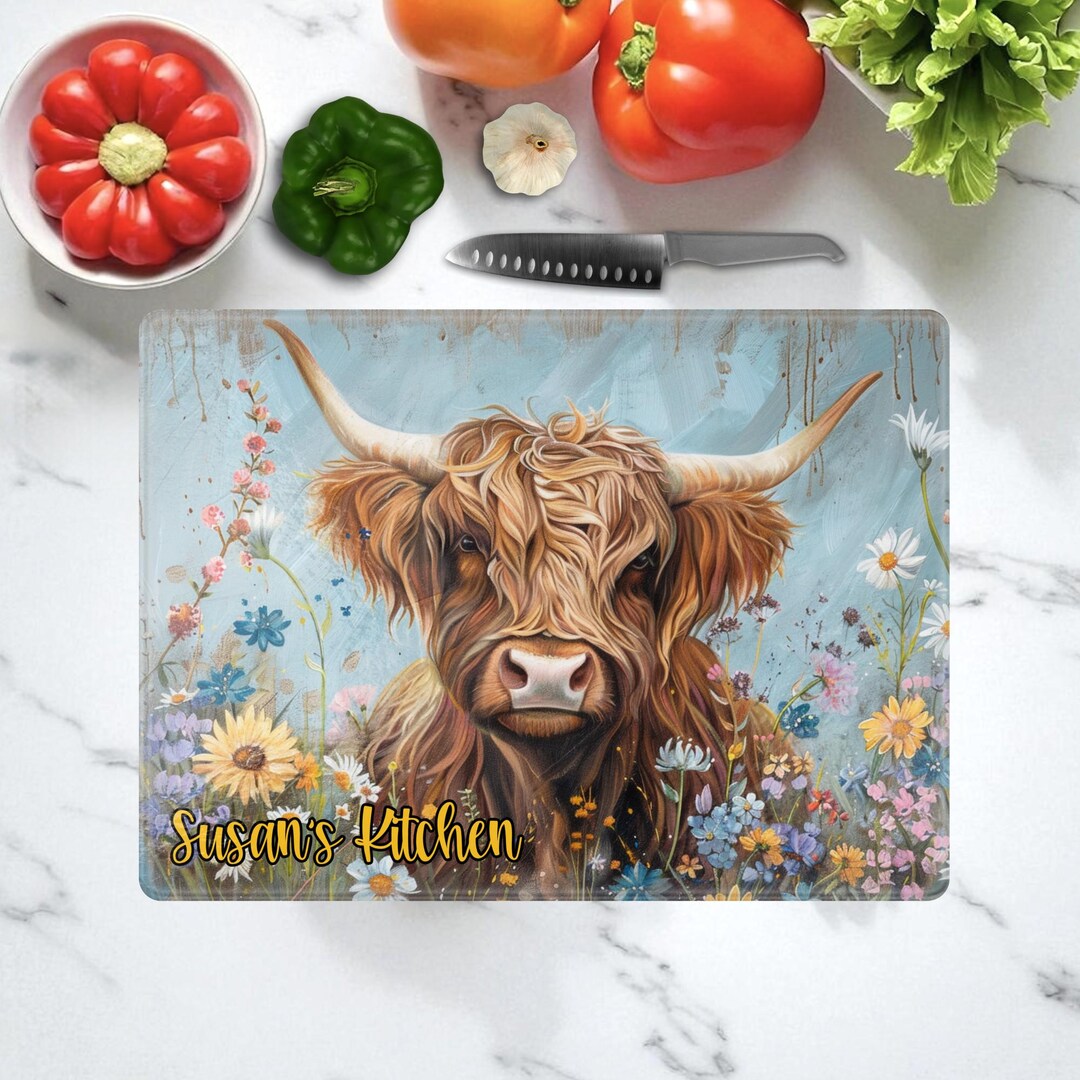 Personalized Highland Cow Glass Cutting Board: Farmhouse New Kitchen ...