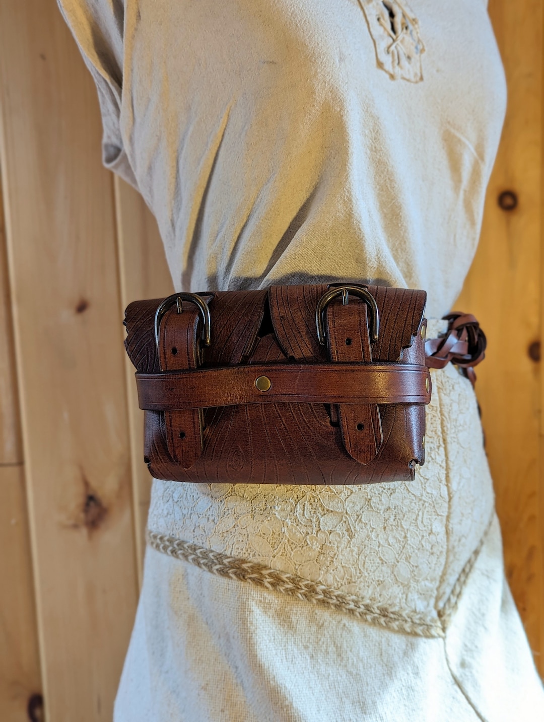 Leather "wood Bark" Design Wide Leather Belt Pouch With Buckles ...