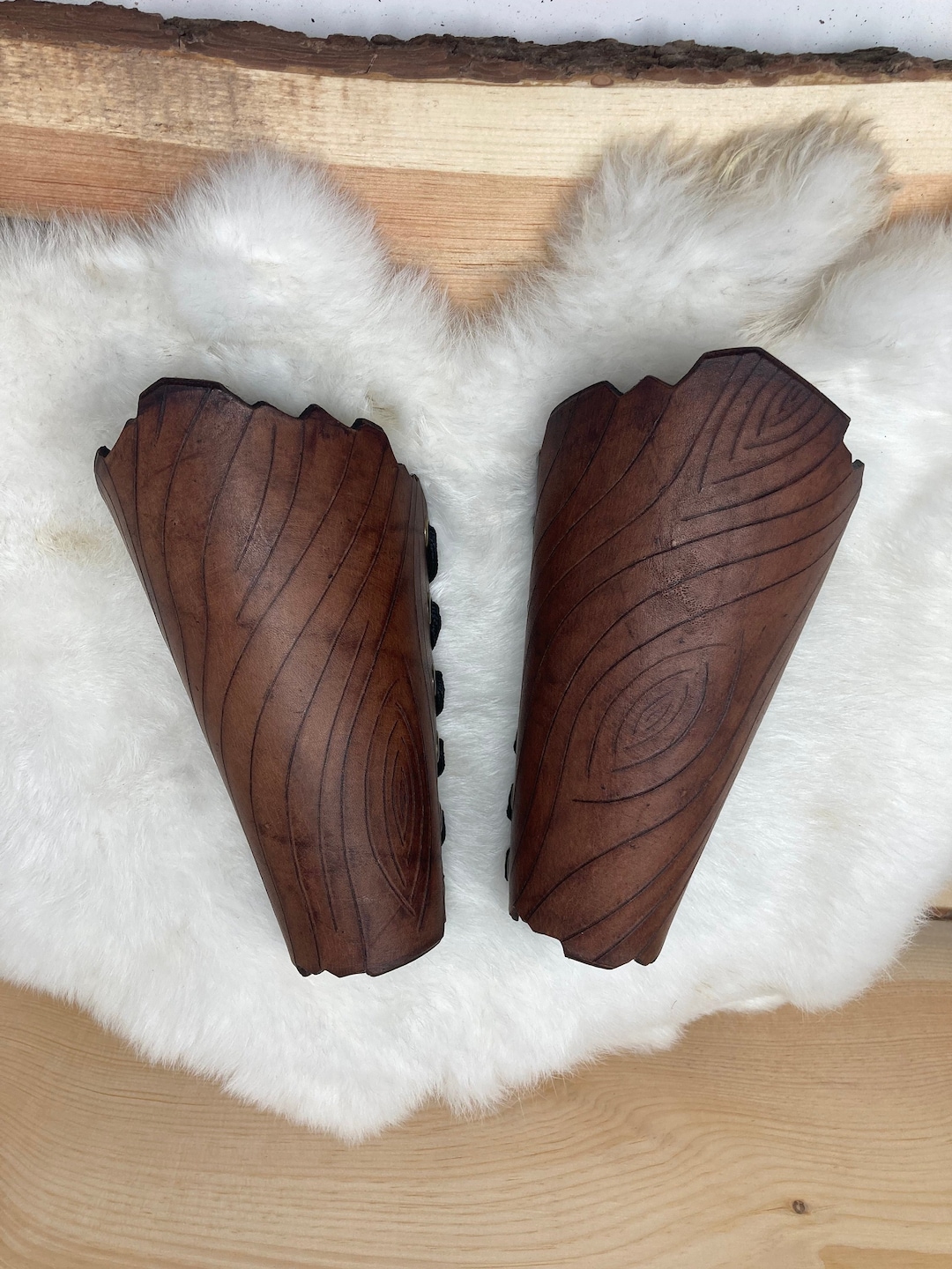 Hand Tooled Leather Bracers: Women's Wood Bark Vambraces, Forearm Armor ...