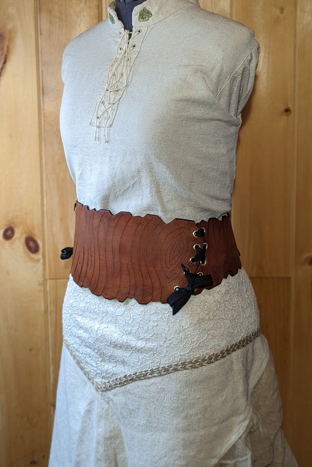 Hand Tooled Leather Corset Belt: Wood Bark Design Waist Cincher - Etsy