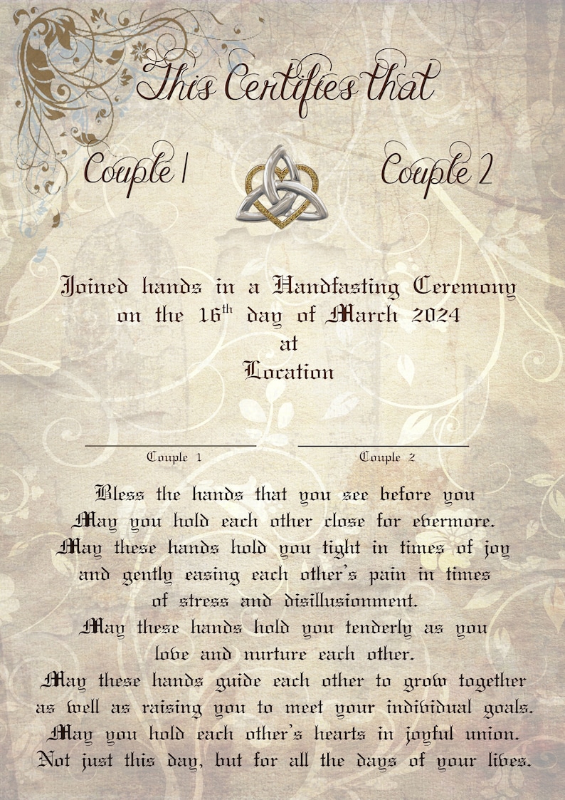 Handfasting Blessing Certificate With Signatures - Personalised - A4 - Etsy