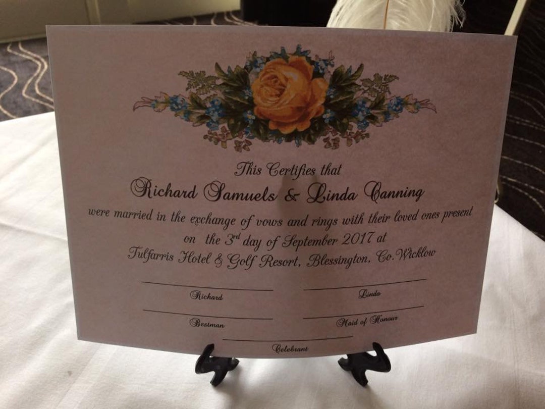 Wedding Certificate - Personalised - Gold Rose Forget Me Knot Flowers ...