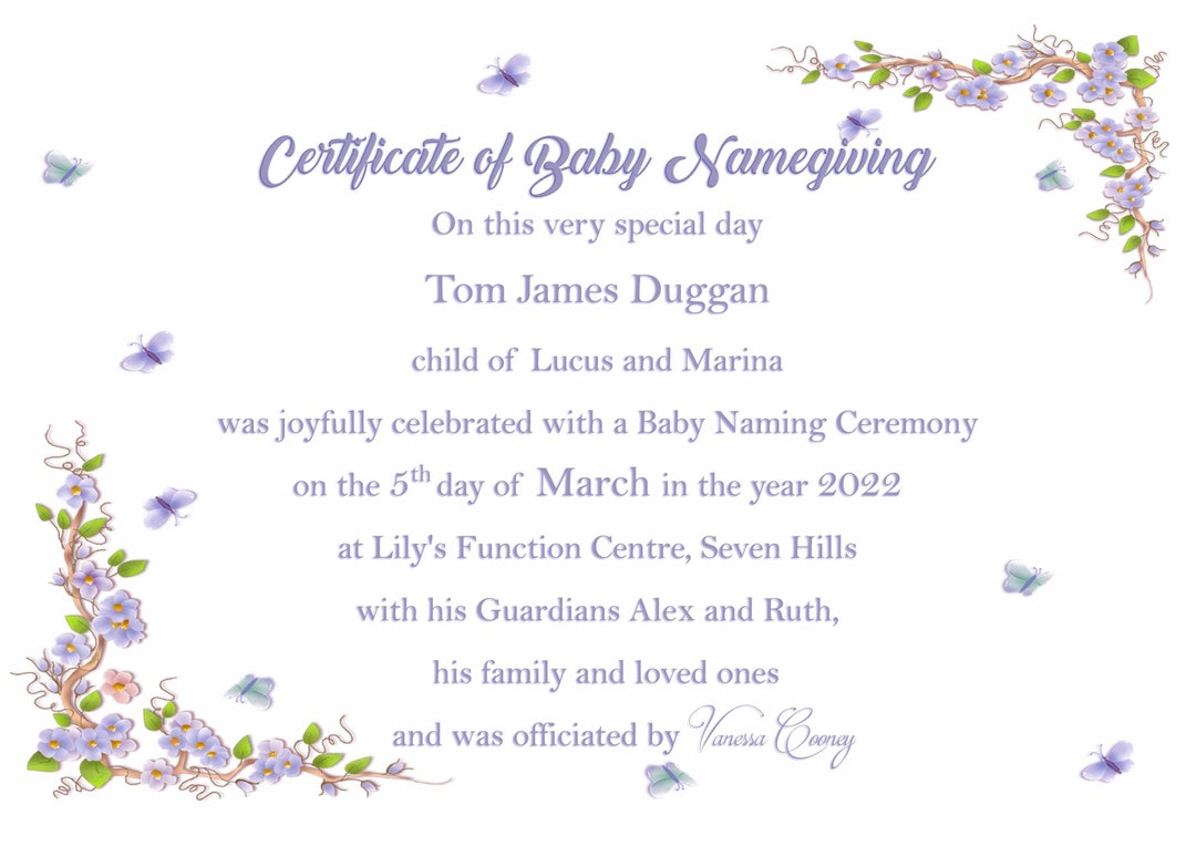 Baby Naming Certificate Personalised Blue Themed Baby Boy Butterflies ...