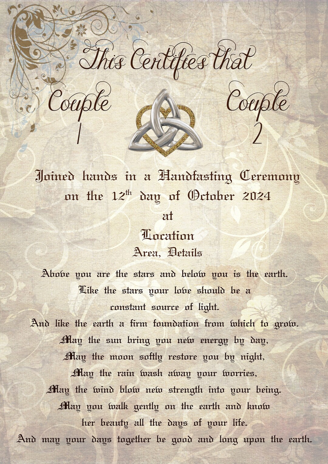 Handfasting Blessing Certificate Above You Are the Stars ...