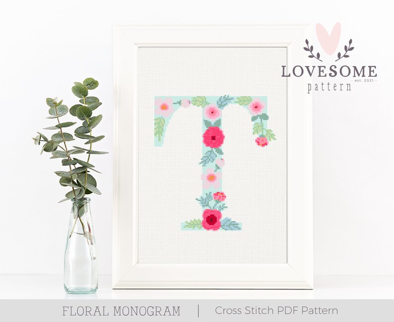 Floral Letter T Cross Stitch PDF Pattern, Flowers Initial Cross Stitch ...