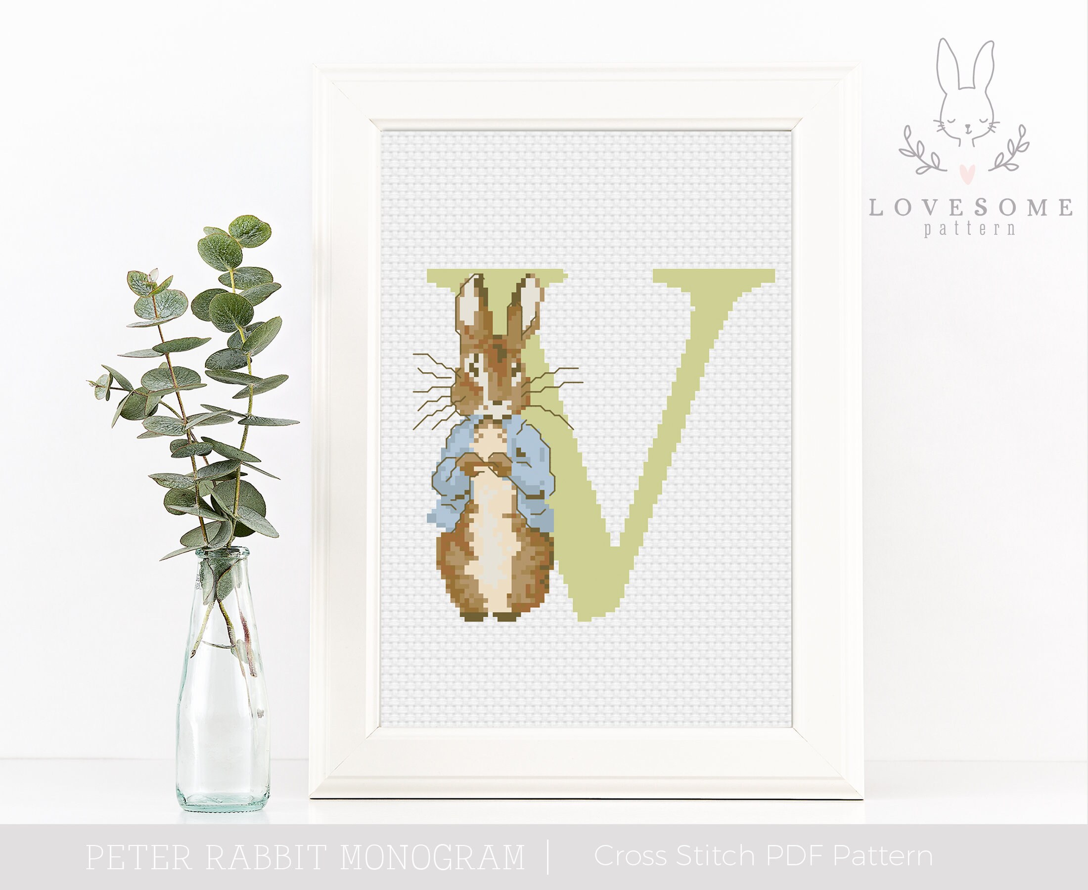 Peter Rabbit Monogram V Cross Stitch PDF Pattern, Peter Rabbit Alphabet ...