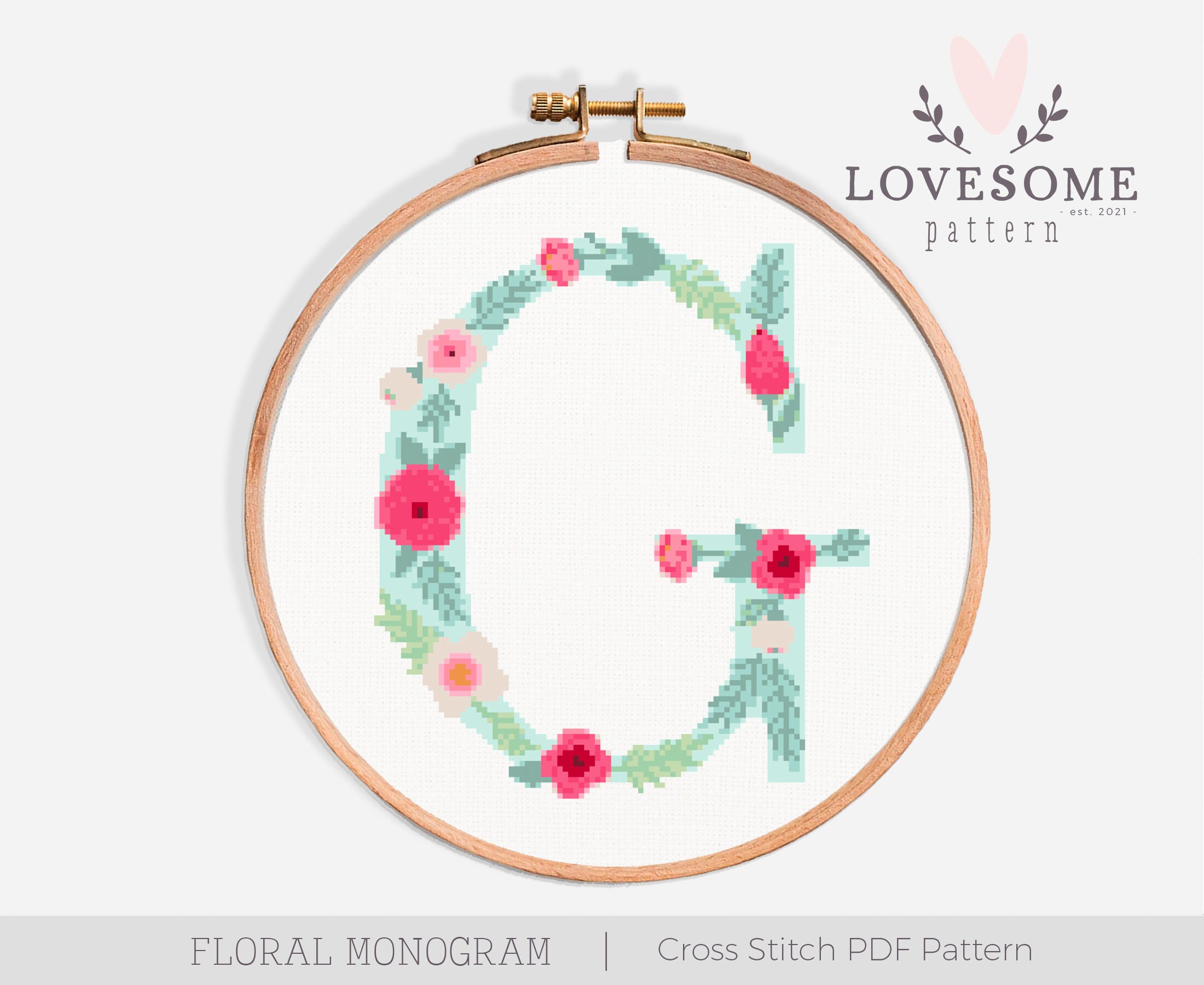 Floral Letter G Cross Stitch PDF Pattern, Flowers Initial Cross Stitch ...