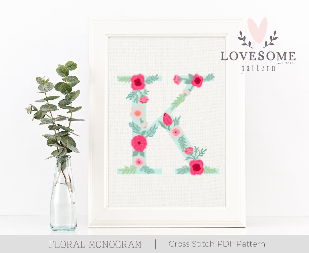 Floral Letter K Cross Stitch PDF Pattern, Flowers Initial Cross Stitch ...