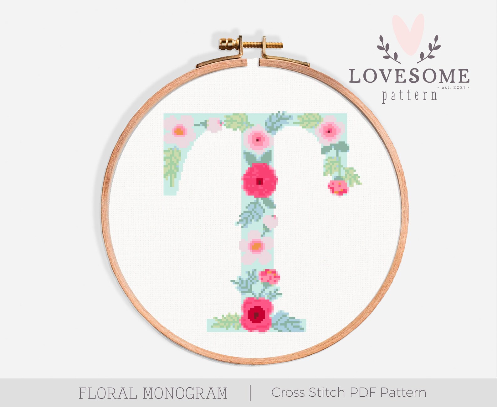 Floral Letter T Cross Stitch PDF Pattern Flowers Initial - Etsy