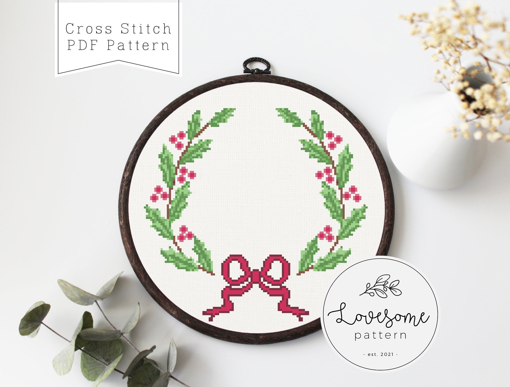 Modern Berries Wreath Cross Stitch Pattern Holiday Frame Cross Stitch ...