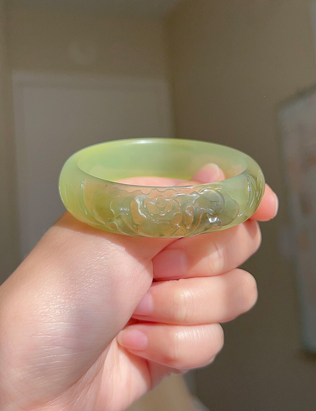 Lotus Carved Bangle Serpentine Jade Bangle - Etsy