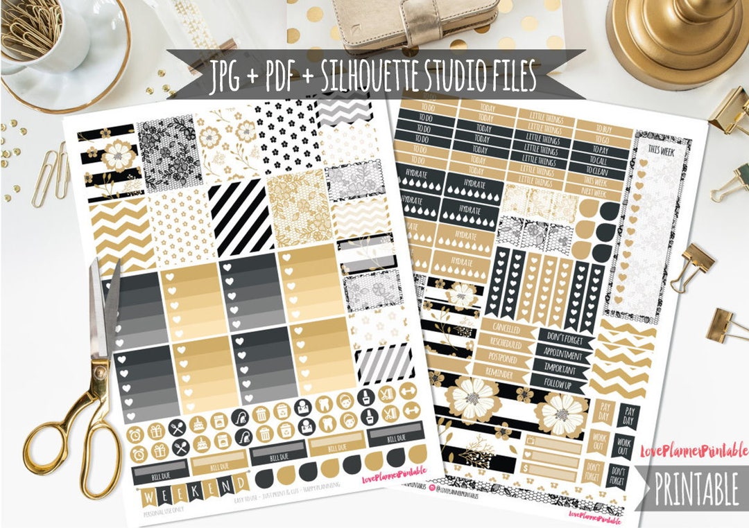Black Gold Floral Printable Planner Stickers Weekly Stickers Planner ...