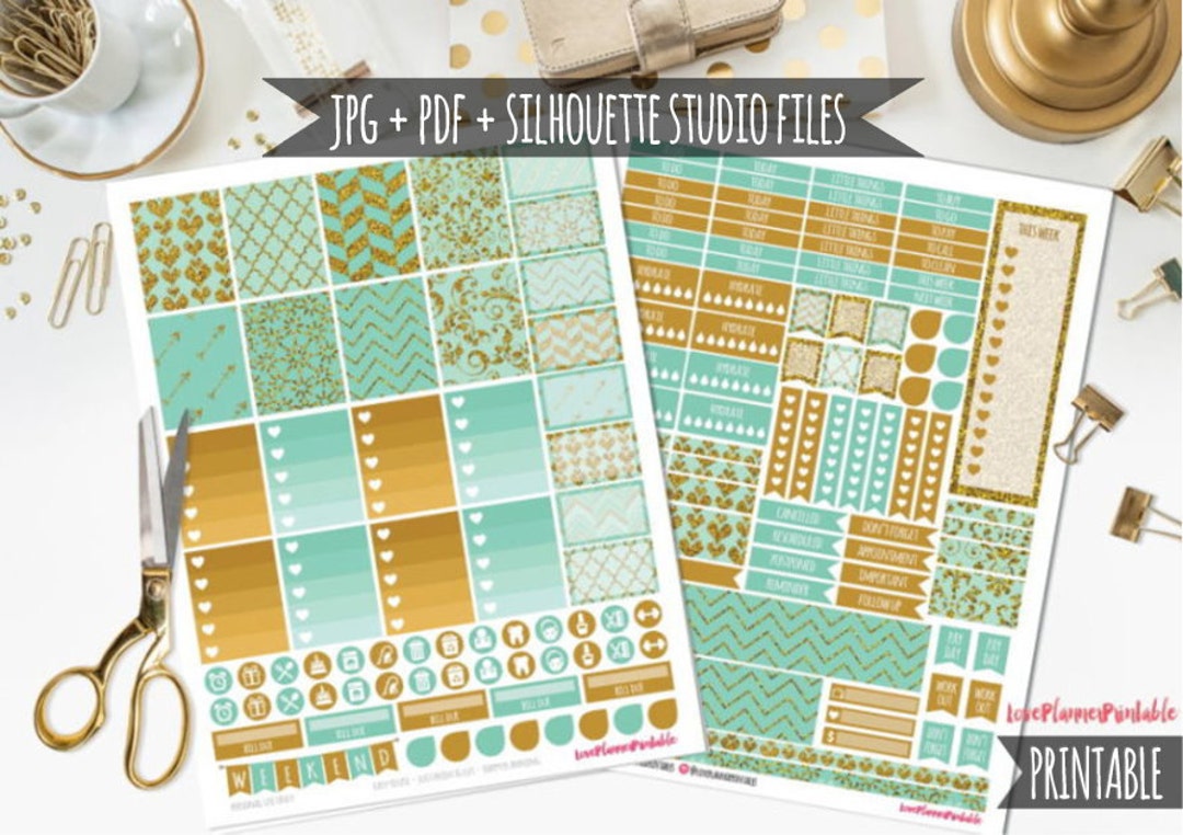 Mint Gold Glitter Printable Planner Stickers Weekly Stickers Digital ...