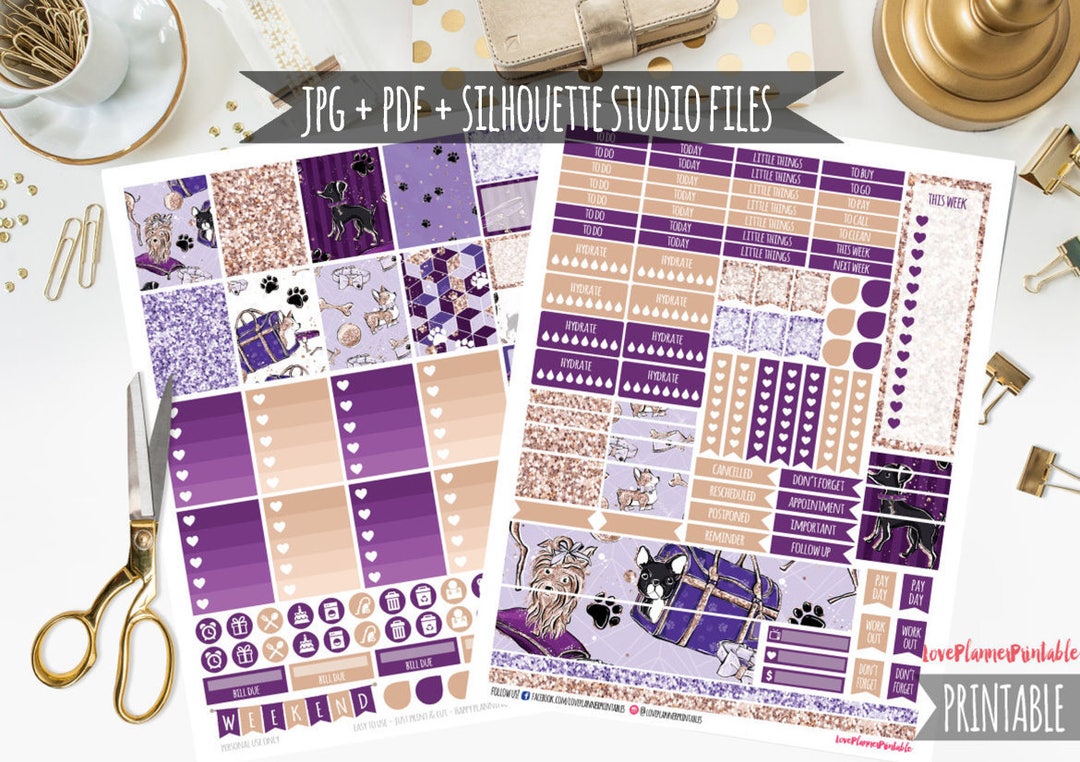 Purple Gold Puppy Printable Planner Stickers Weekly Stickers Digital ...