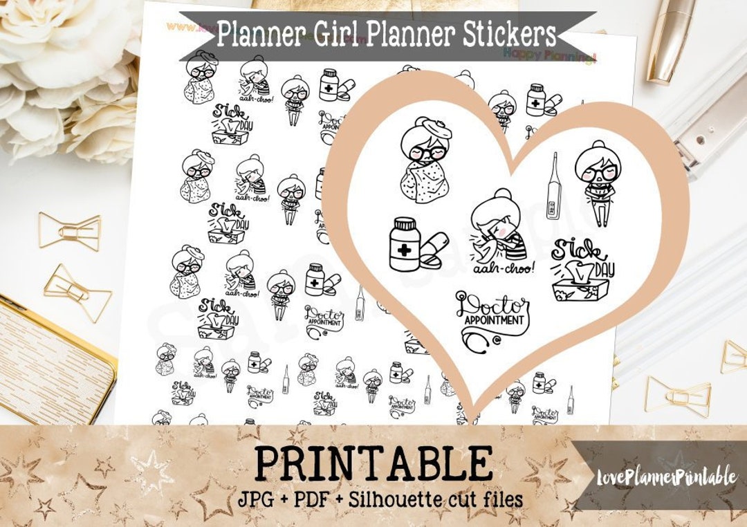 Sick Day Planner Girl Printable Stickers Character Functional Planner ...