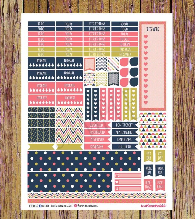 Pink Gold Navy Digital Printable Planner Stickers Weekly - Etsy