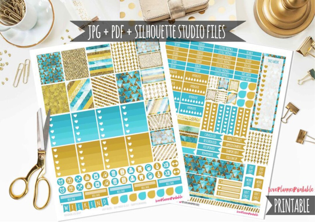 Teal and Gold Glitter Digital Printable Planner Stickers Weekly Planner ...