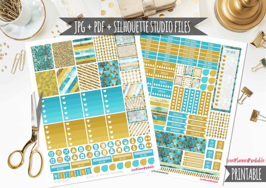 Teal and Gold Glitter Digital Printable Planner Stickers Weekly Planner ...