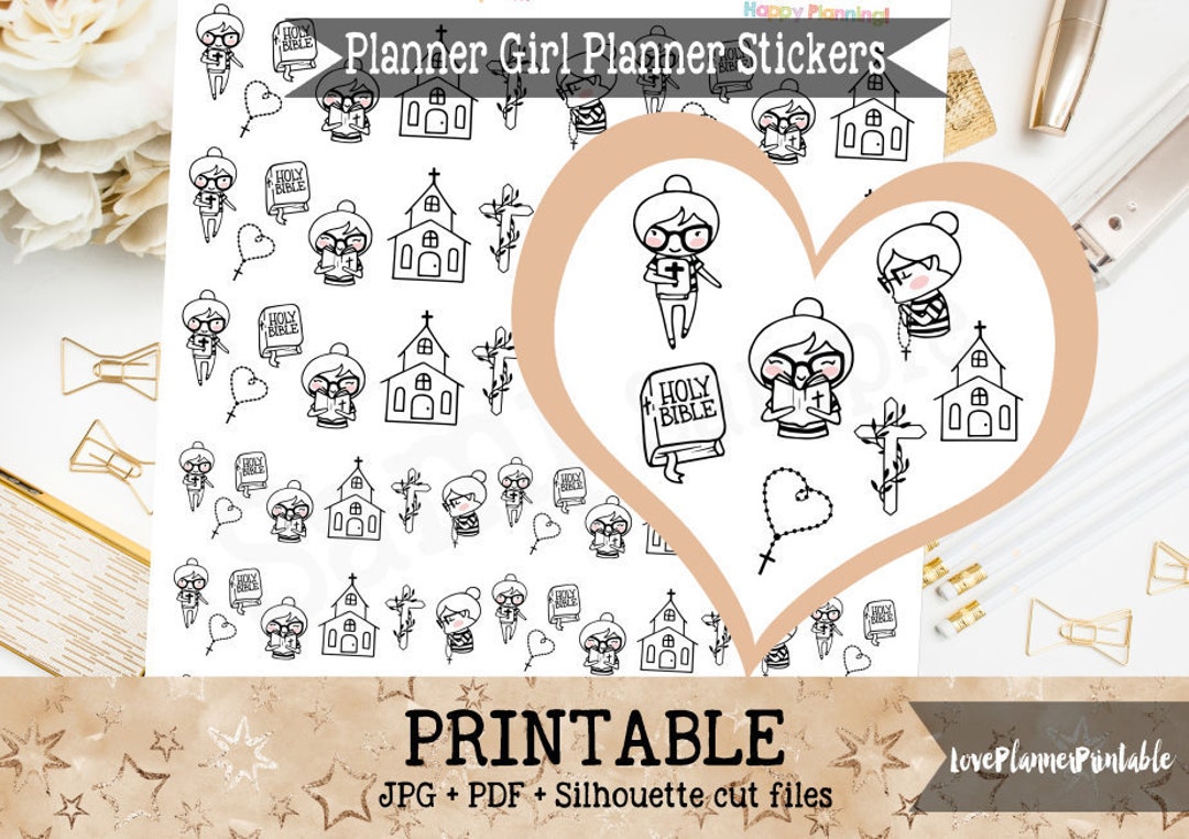 Church Bible Planner Girl Printable Stickers Character Functional ...