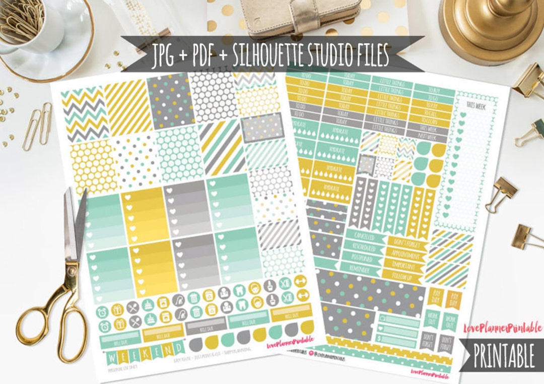 Mint Yellow Digital Printable Planner Stickers Weekly Planner Weekly ...