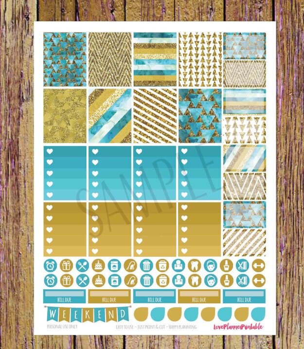 Teal and Gold Glitter Digital Printable Planner Stickers Weekly Planner ...