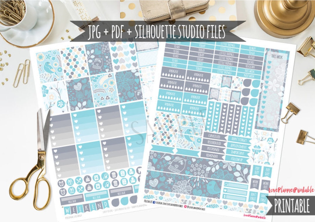 Mint Blue Bird Nature Digital Printable Planner Stickers Weekly ...