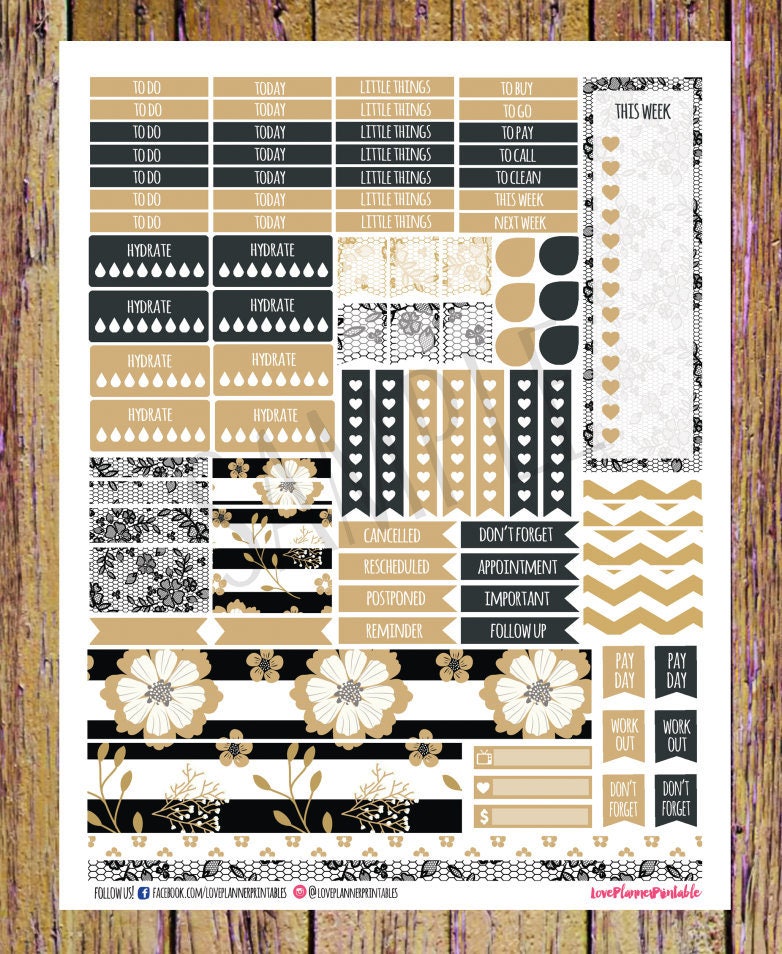 Black Gold Floral Printable Planner Stickers Weekly Stickers Planner ...