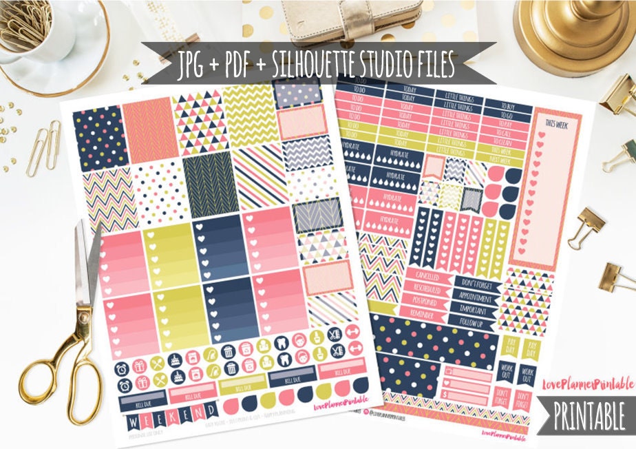 Pink Gold Navy Digital Printable Planner Stickers Weekly - Etsy