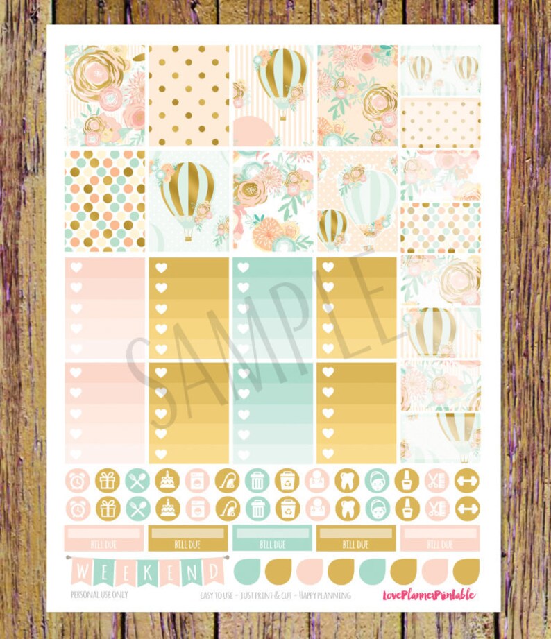 Pink Gold Hot Balloon Digital Printable Planner Stickers Weekly ...