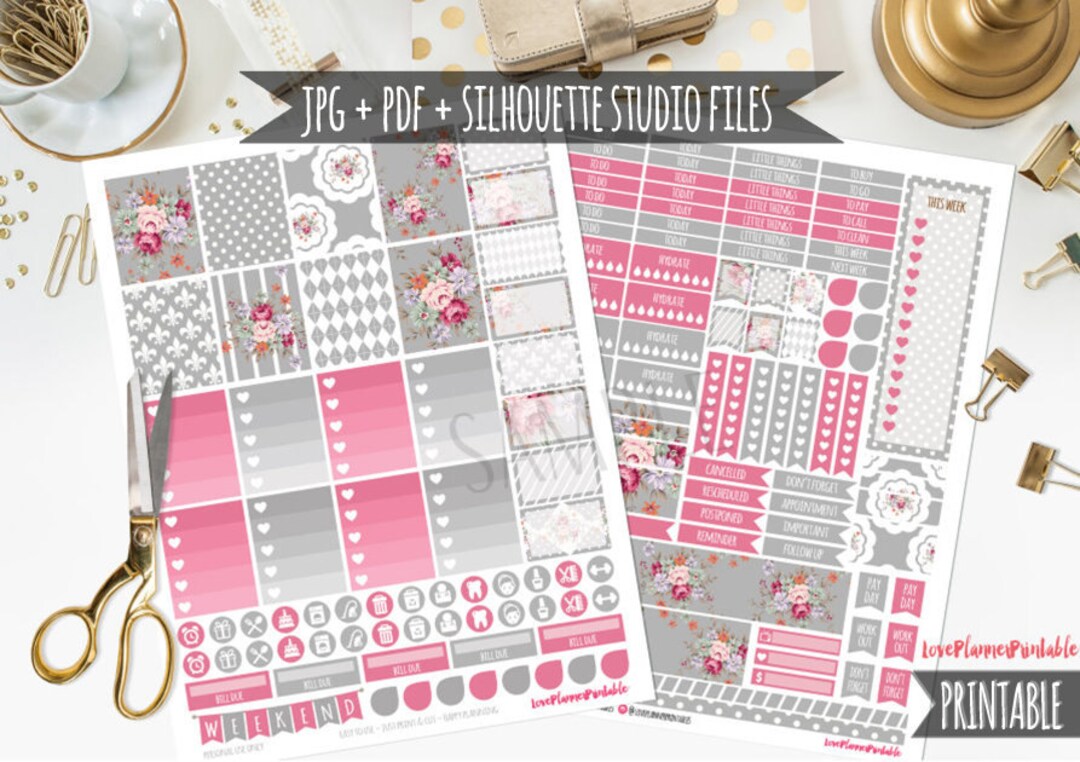 Pink Grey Roses Digital Printable Planner Stickers Weekly Stickers ...