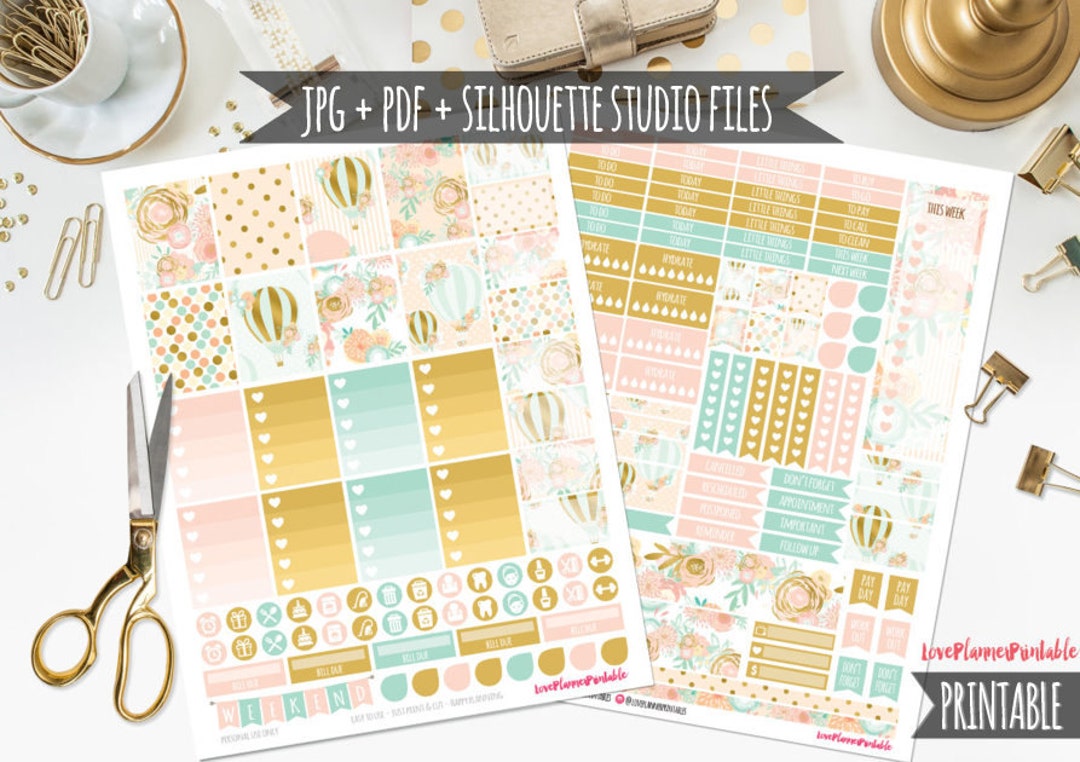 Pink Gold Hot Balloon Digital Printable Planner Stickers Weekly ...