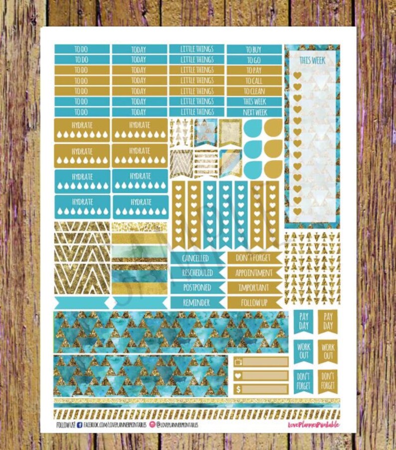 Teal and Gold Glitter Digital Printable Planner Stickers Weekly Planner ...