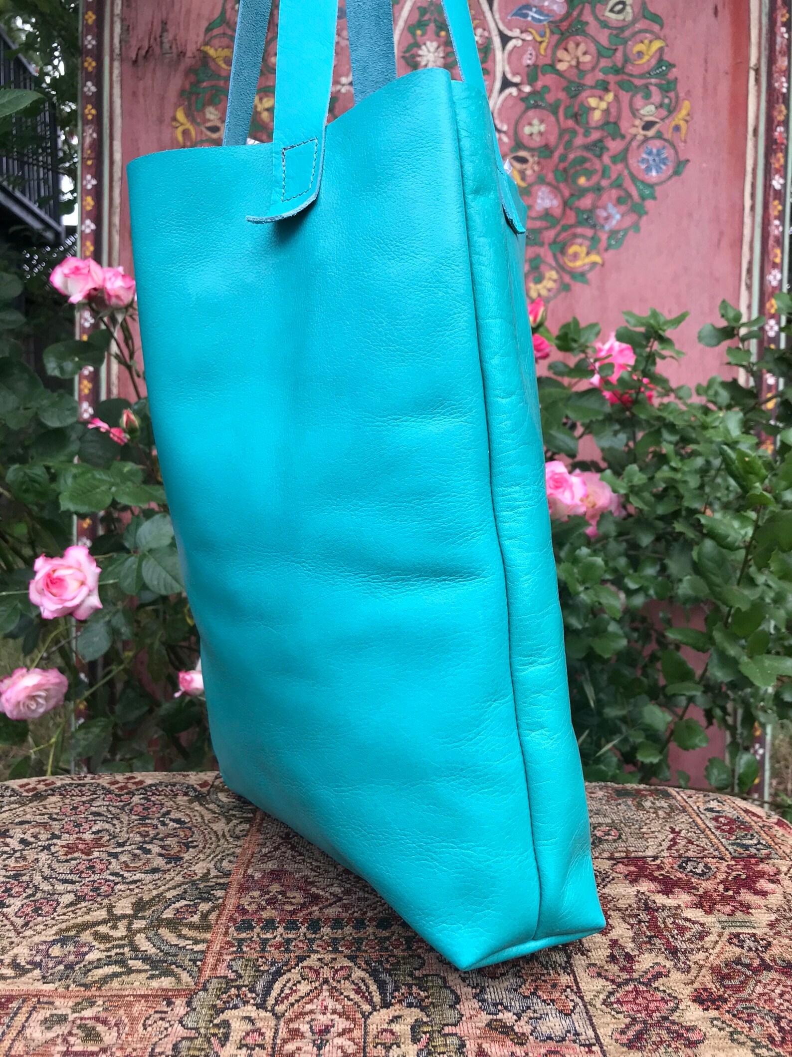 Leather Tote Bag, Turquoise Soft Leather, Handmade Purse, Market Bag ...