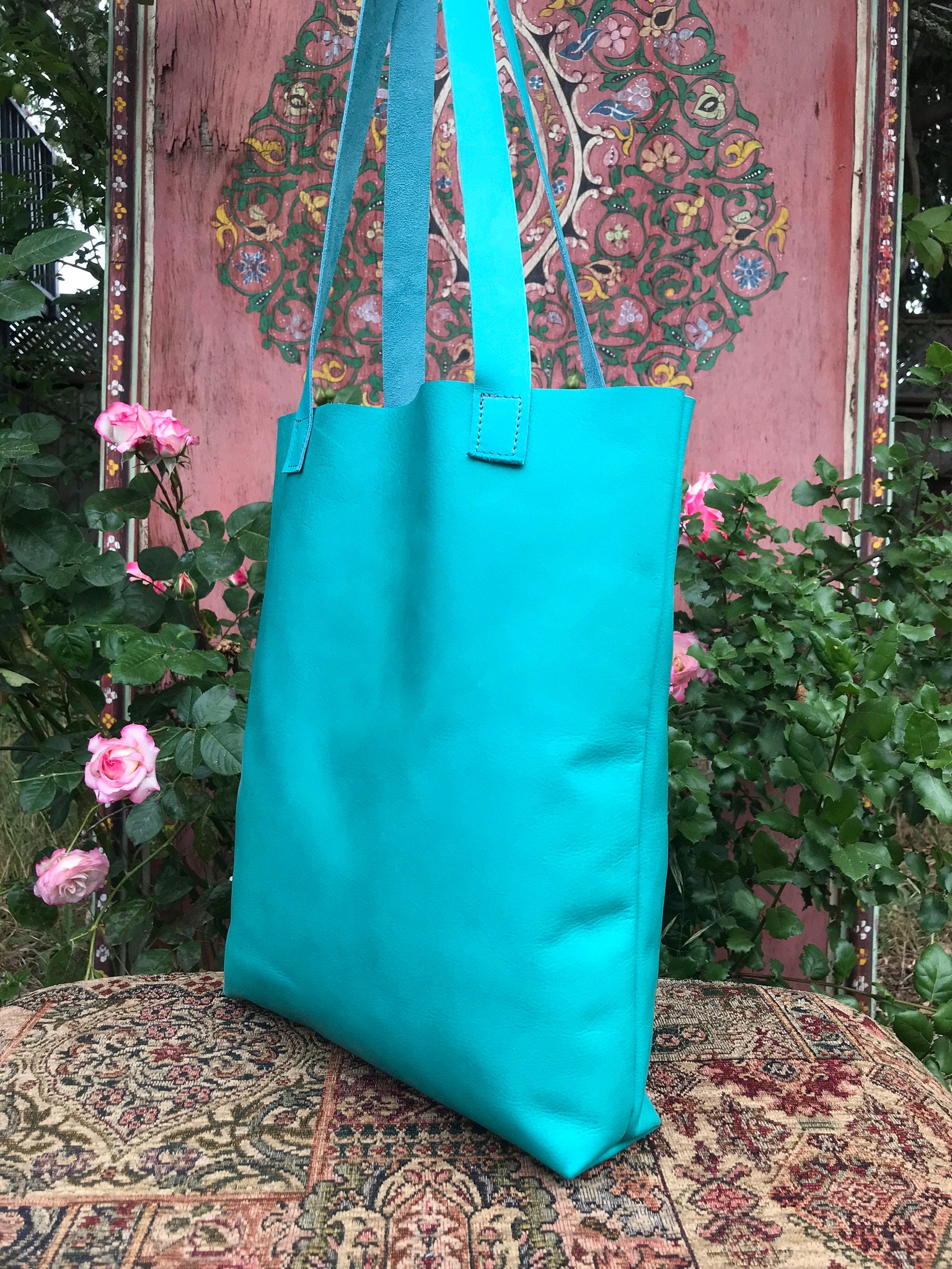 Leather Tote Bag, Turquoise Soft Leather, Handmade Purse, Market Bag ...